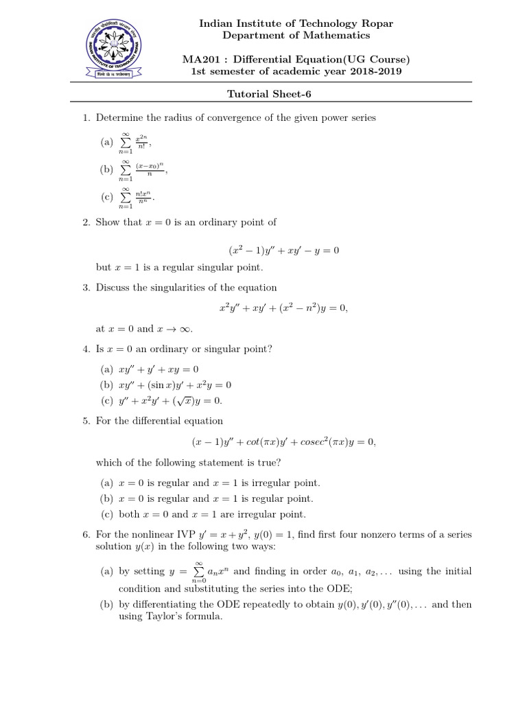 DE_Tut6 | PDF | Power Series | Ordinary Differential Equation