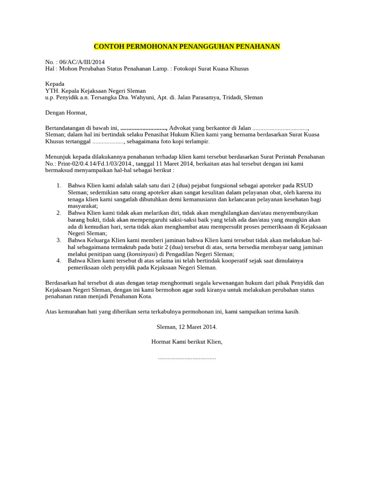 Contoh Surat Permohonan Penangguhan | PDF