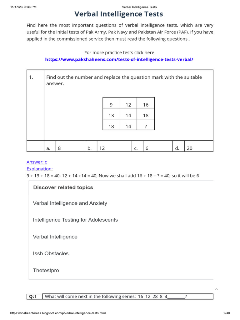 Verbal Intelligence Test Questions for Pak Army | PDF