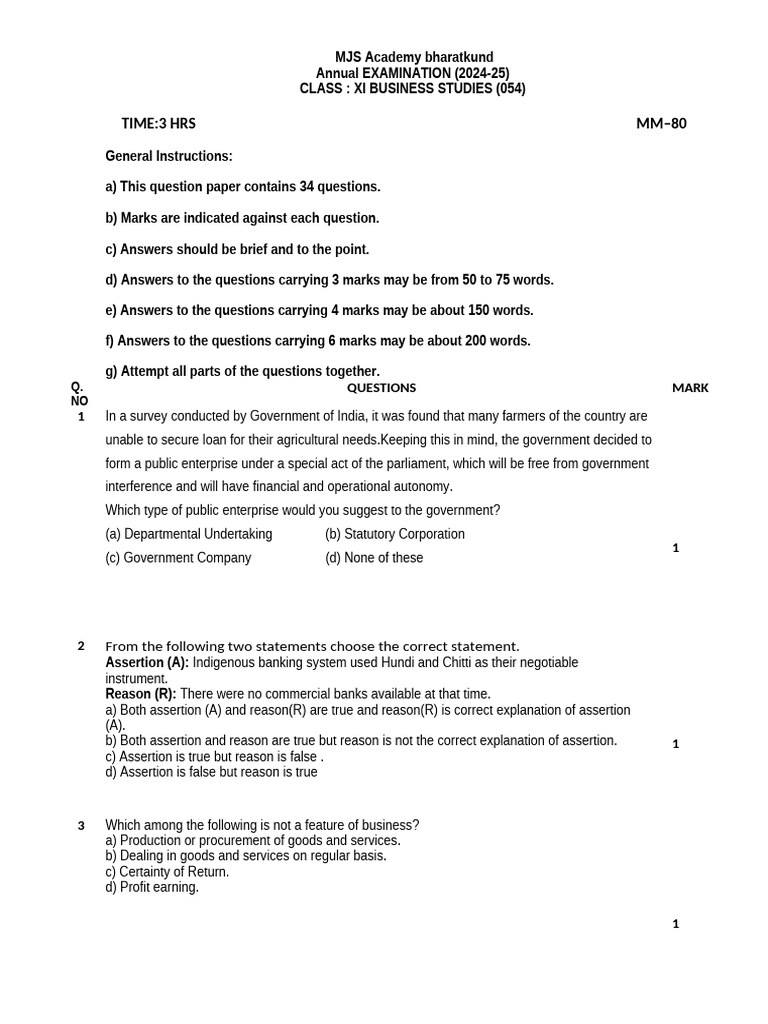 Class XI Business Studies Exam Paper 2024-25 | PDF | Insurance | Stocks