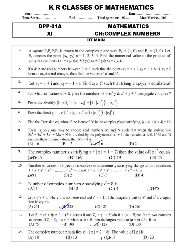 Complex Numbers DPP for XI IIT Main | PDF