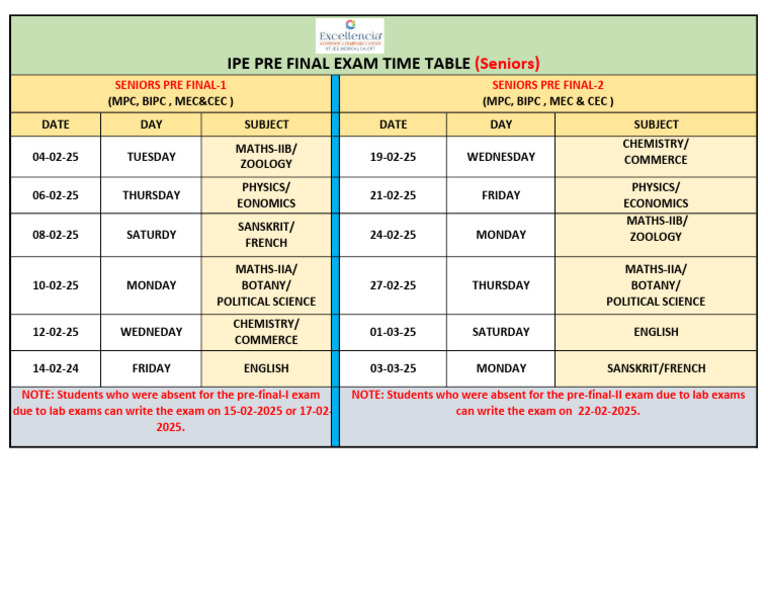 SR All Ipe Pre Final-I&ii Exam Time Table | PDF