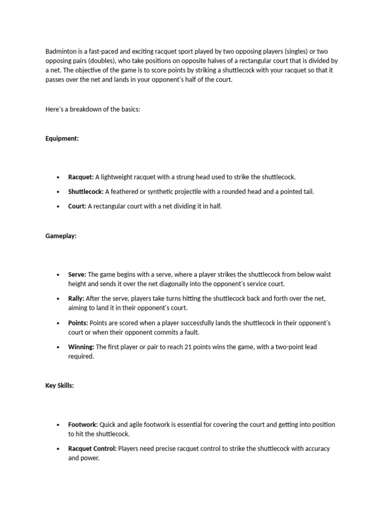 Badminton Basics: Rules and Skills | PDF