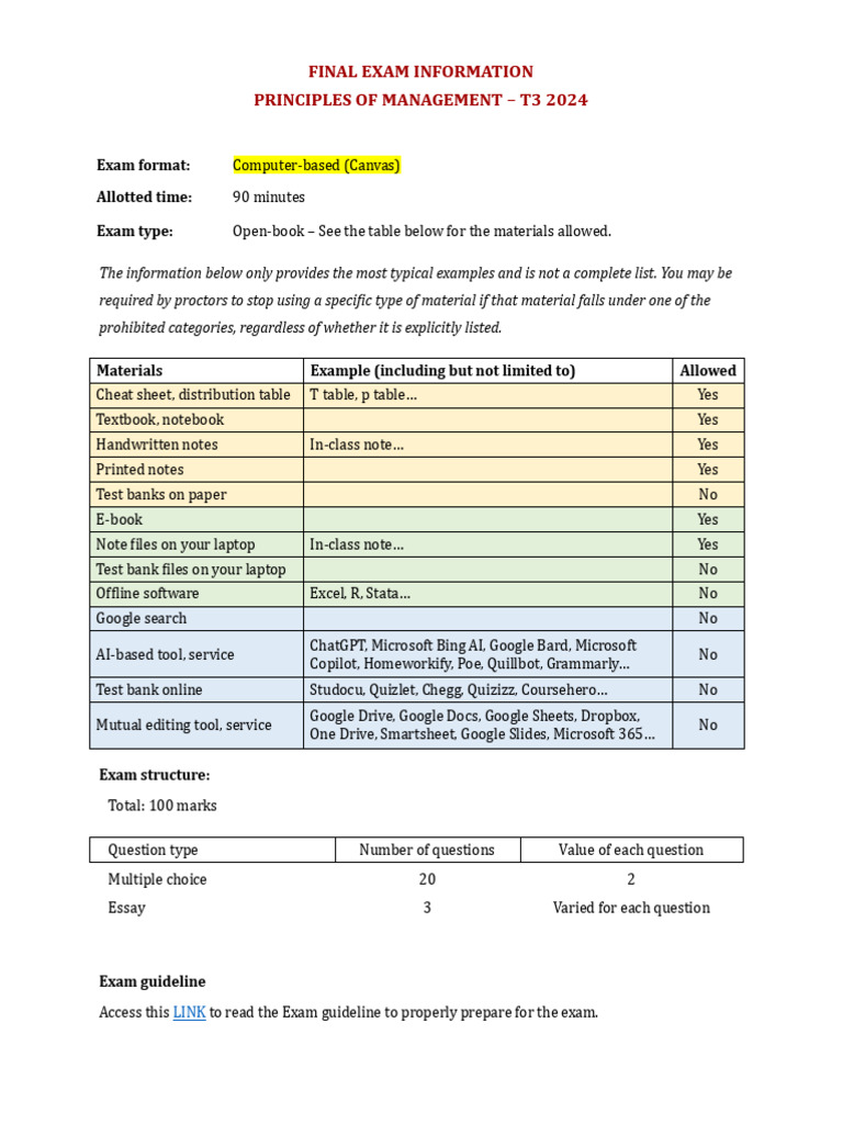 Principles of Management Exam Guide T3 2024 | PDF | Software