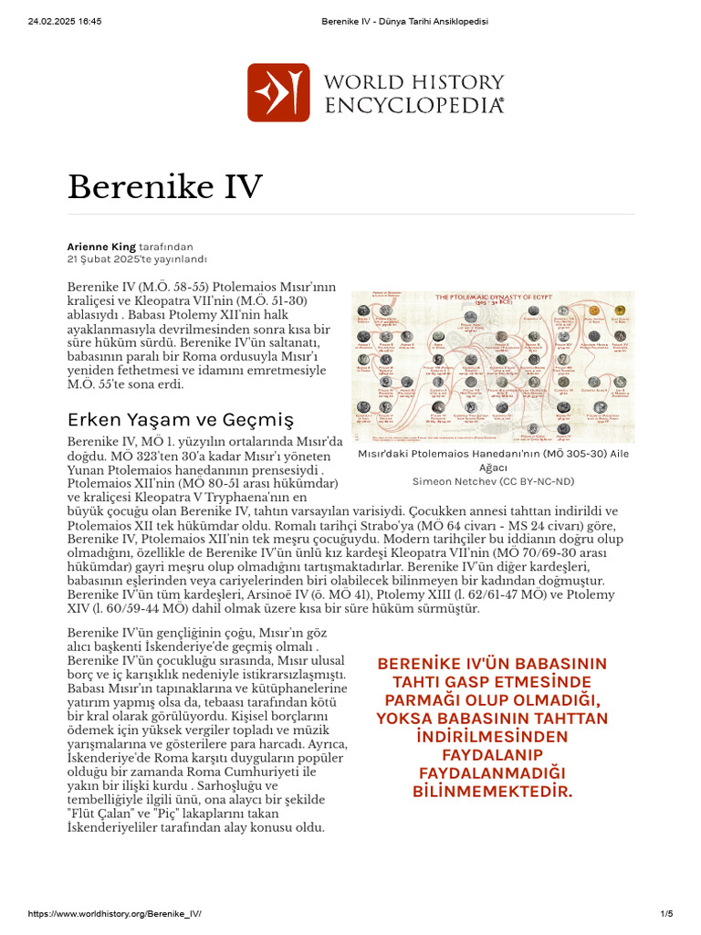 Berenike IV - Dünya Tarihi Ansiklopedisi | PDF | Ptolemaic Kingdom ...