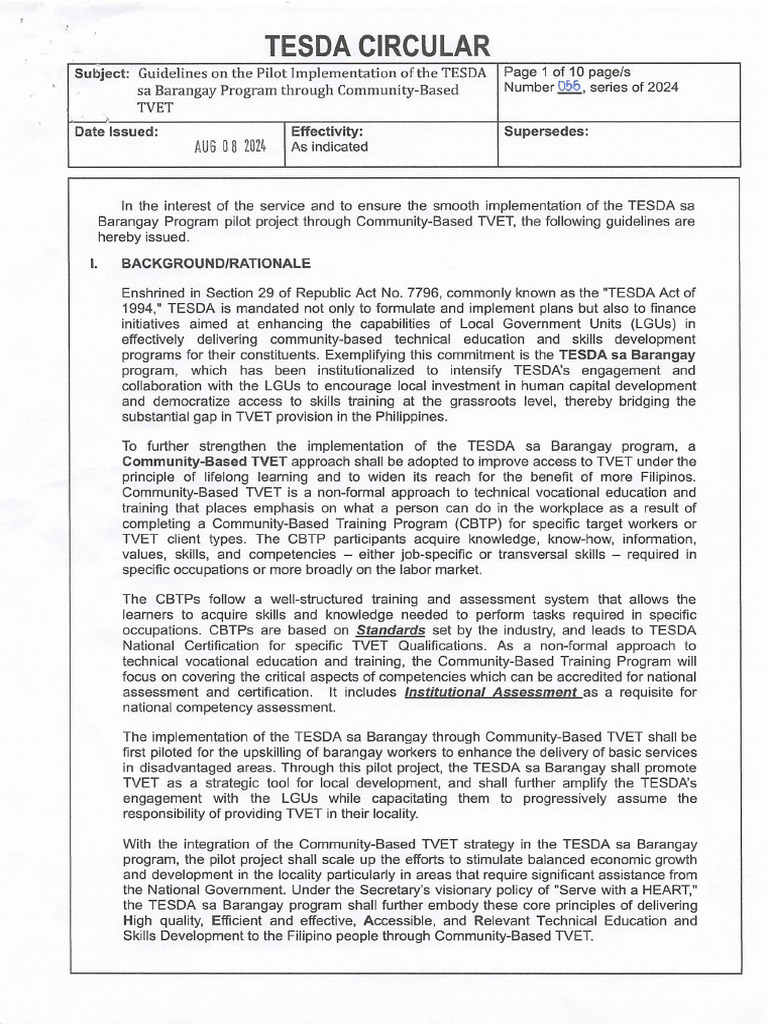 TESDA sa Barangay Program Guidelines | PDF | Vocational Education ...