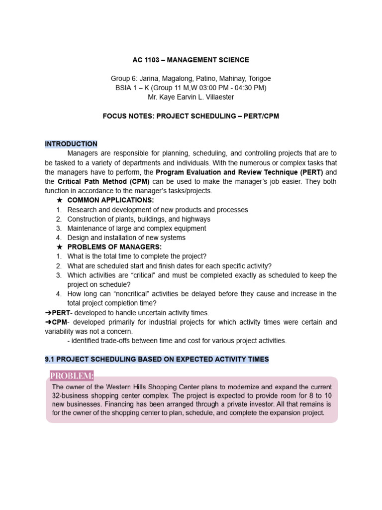 Project Scheduling: PERT/CPM Guide | PDF | Variance | Applied Mathematics