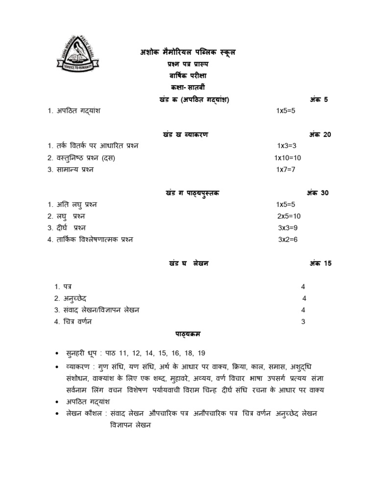 Final Paper Pattern-Vii Hindi | PDF