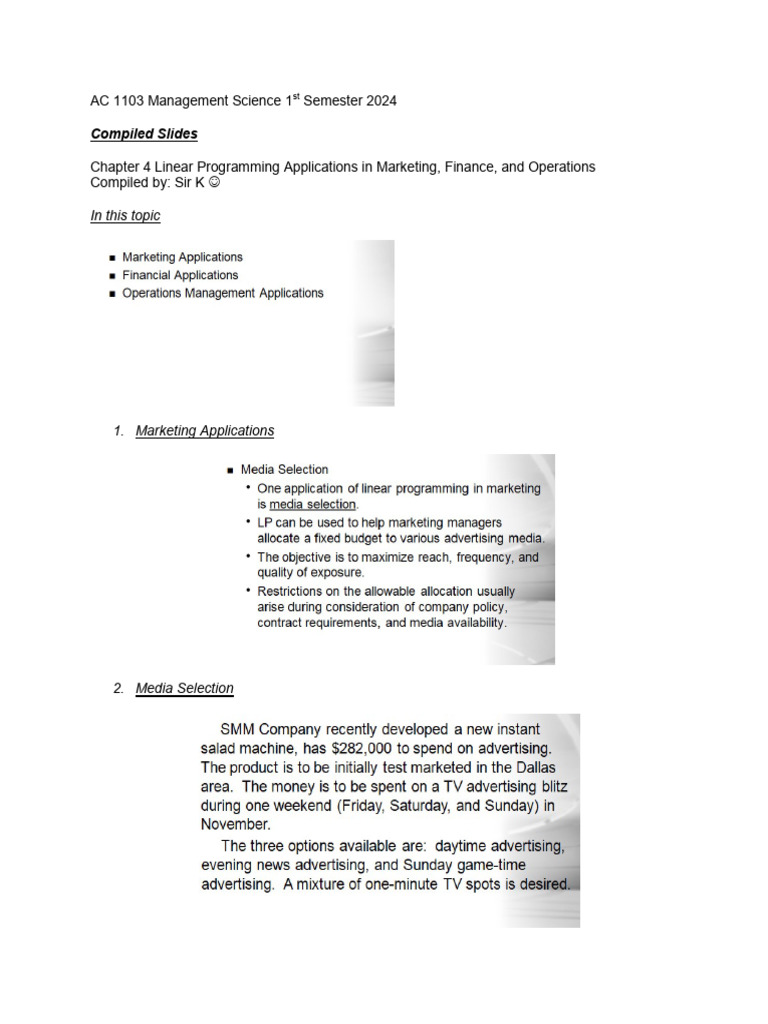 Chapter 4 Linear Programming Applications in Marketing Finance and Operations | PDF