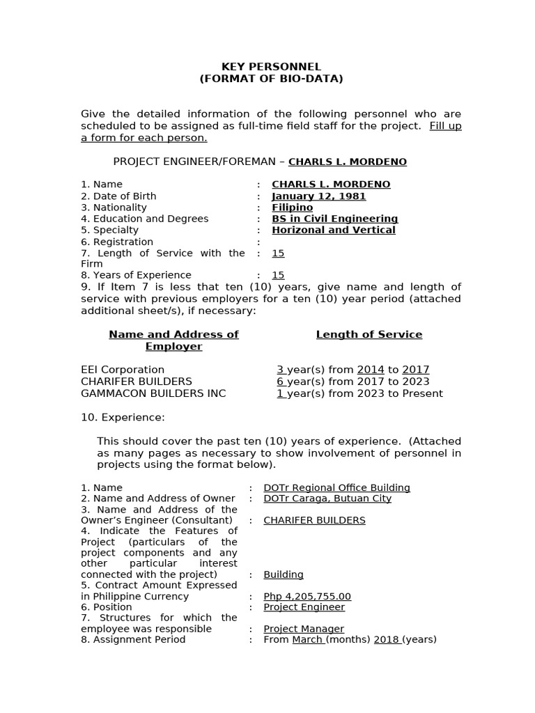 Charls L. Mordeno Bio for Charifer Builders | PDF