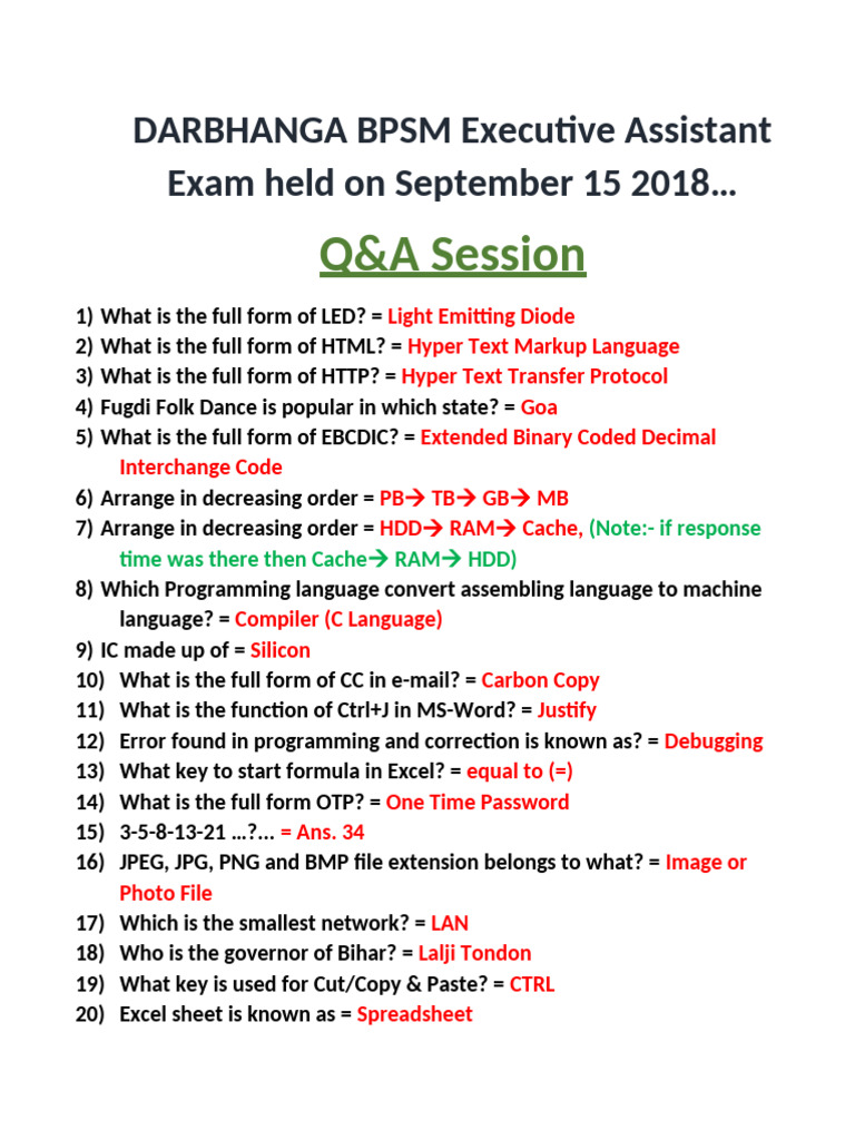 BPSM Darbhanga Question Written Exam | PDF | Microsoft Word | Microsoft Excel