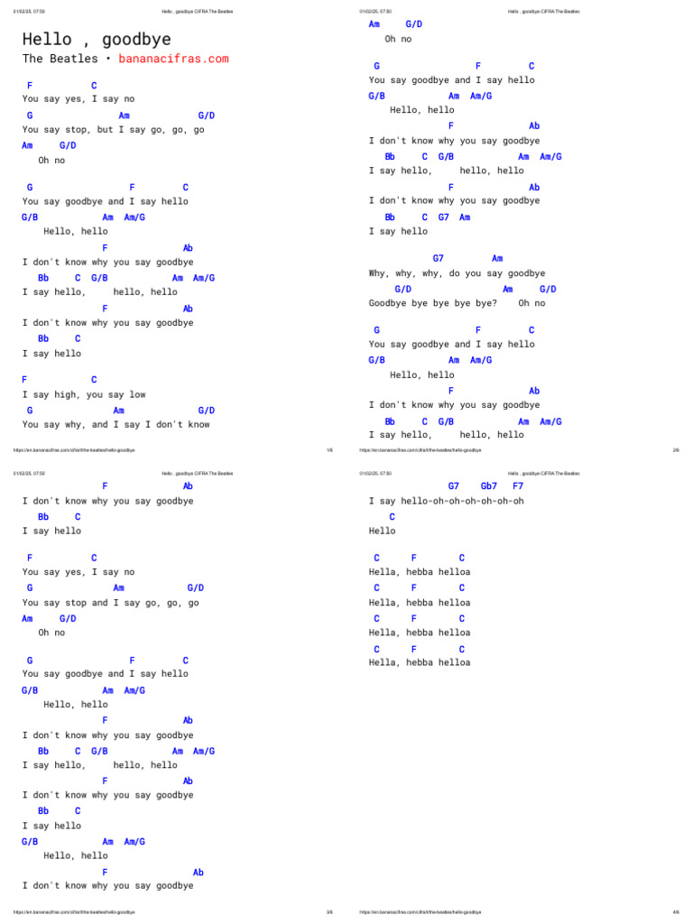 Hello, Goodbye Chords and Lyrics | PDF | Songs Written | Paul Mc Cartney