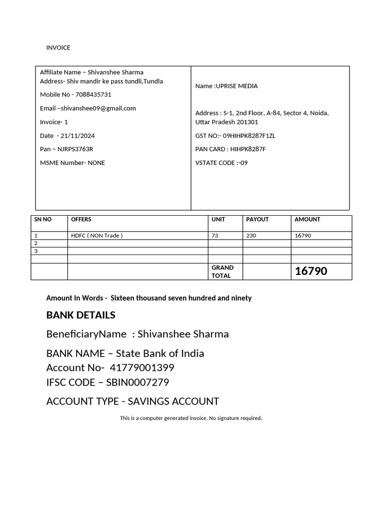 Affiliate - Invoice - Update HDFC | PDF