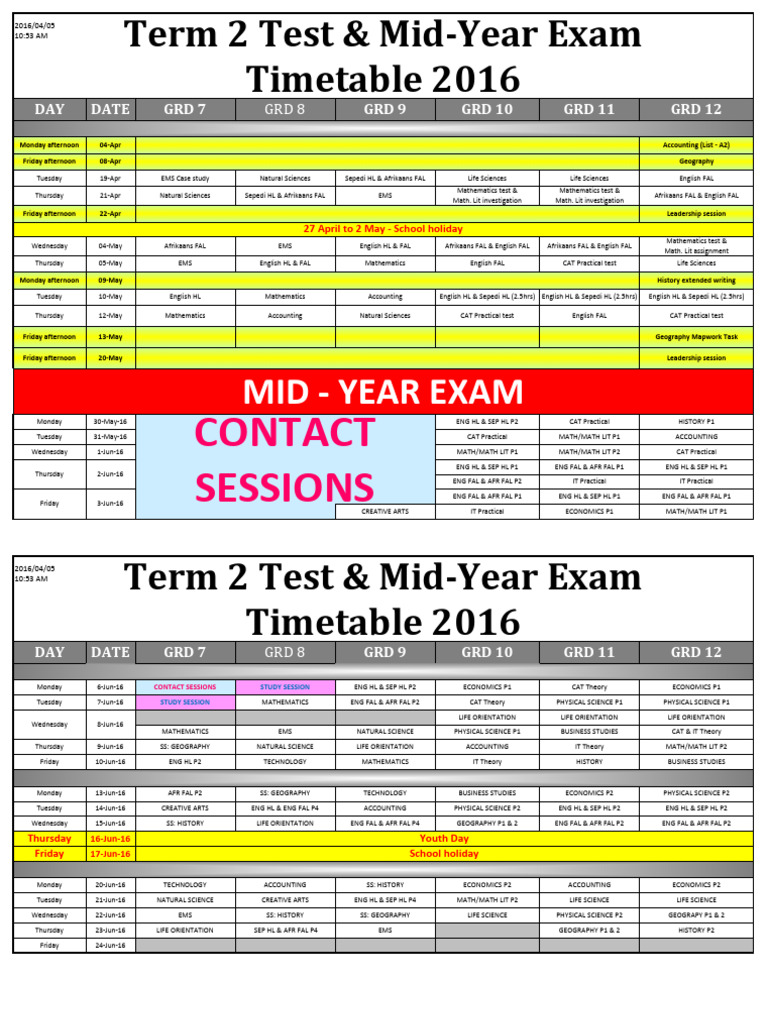 Term 2 Test & Mid-Year Exam Timetable 2016 | PDF | Mathematics | Inquiry