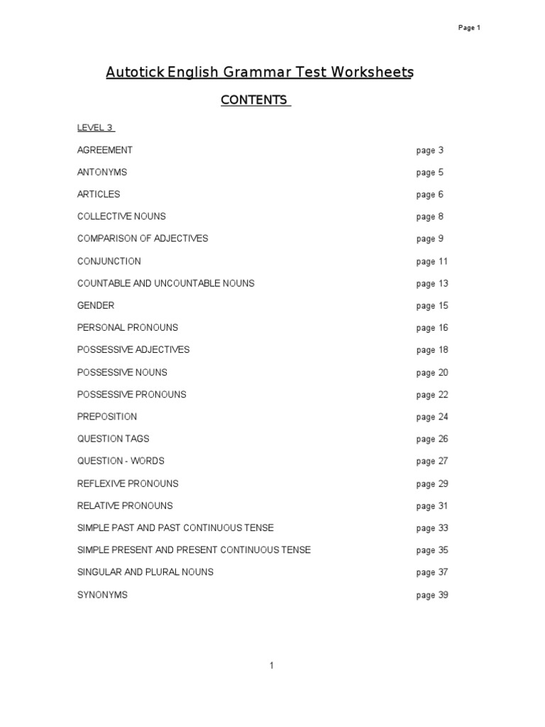 Level 3 English Grammar Test Worksheets For Your Children and Students ...