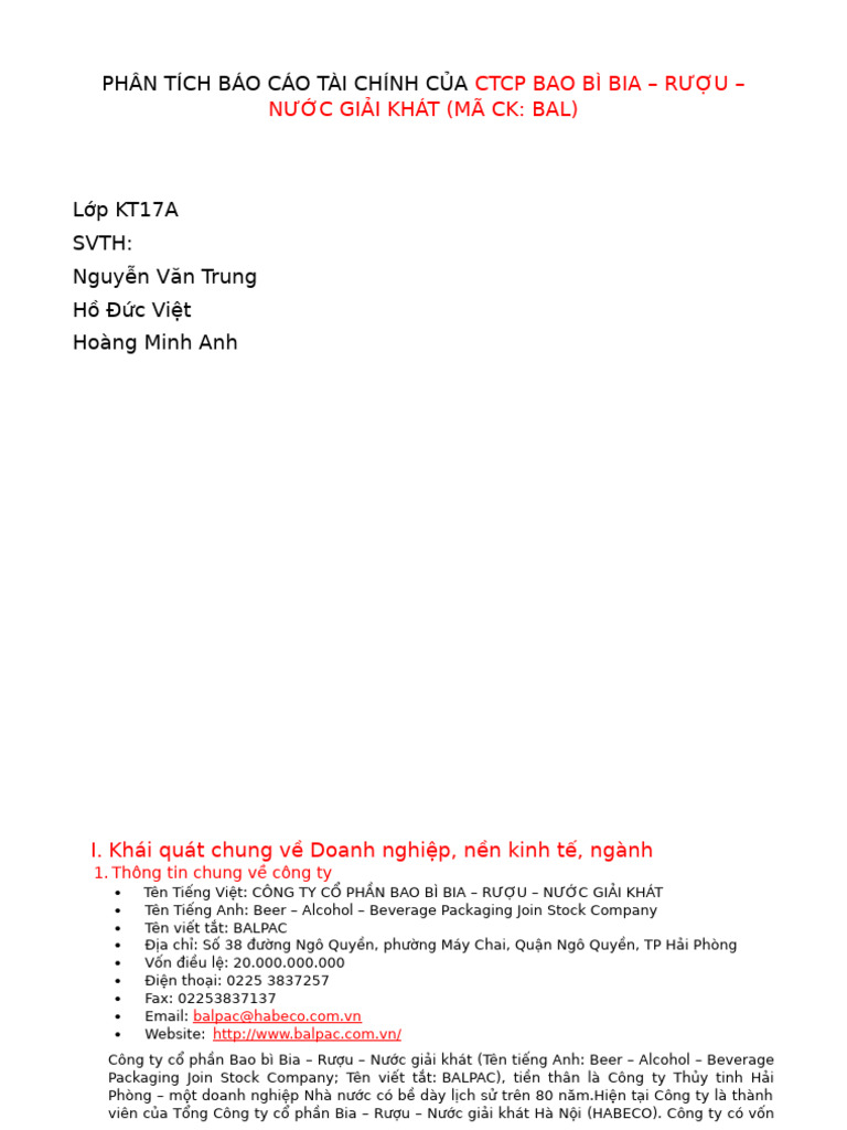 Phân Tích Báo Cáo Tài Chính C A CTCP Bao Bì Bia Rư U Nư C Gi I Khát | PDF