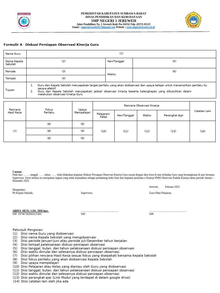Formulir a Form Diskusi Persiapan Observasi Kinerja Guru | PDF