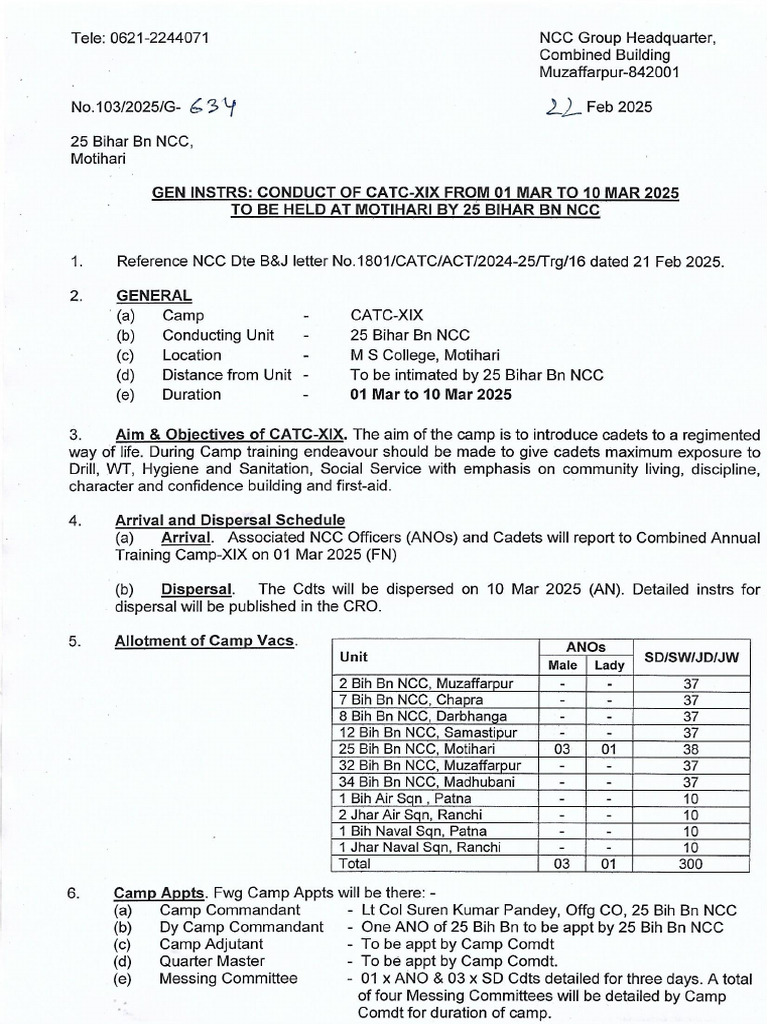 Gen Instrs - Conduct of Catc-Xix From 01 Mar To 10 Mar 2025 To Be Held at Motihari by 25 Bihar ...