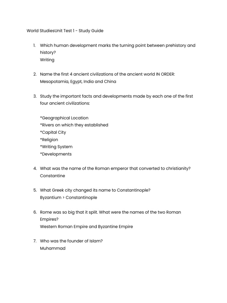 World Studies Unit Test 1 - Study Guide | PDF