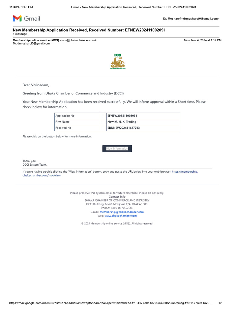 Gmail - New Membership Application Received, Received Number ...
