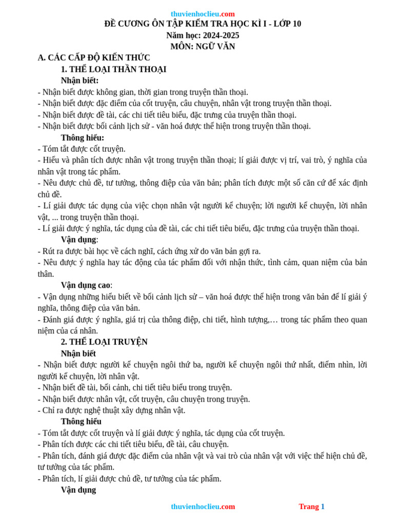 De Cuong On Tap HK1 Ngu Van 10 KNTT 24 25 | PDF