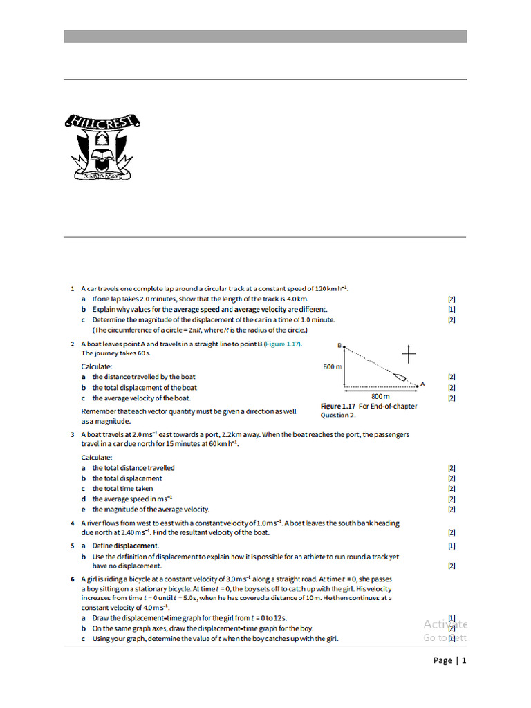 Kinematics Question Bank | PDF