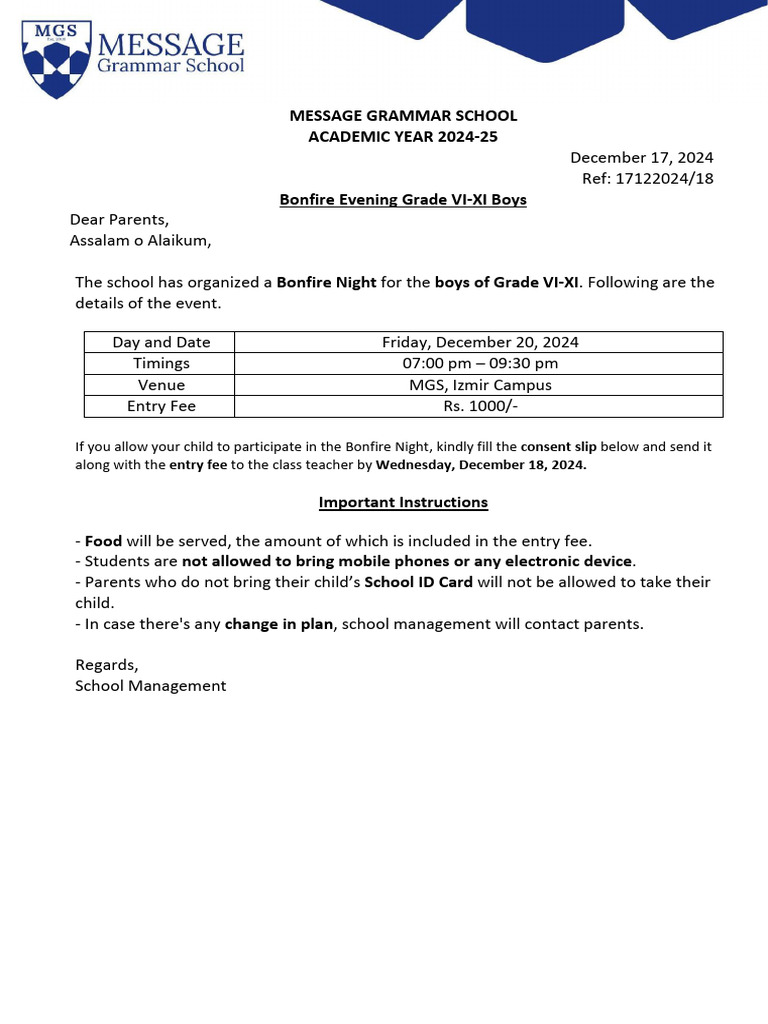 Mgs 2024 25 Circular Bonfire Grade Vi Xi Boys 1 | PDF | Indemnity | Justice