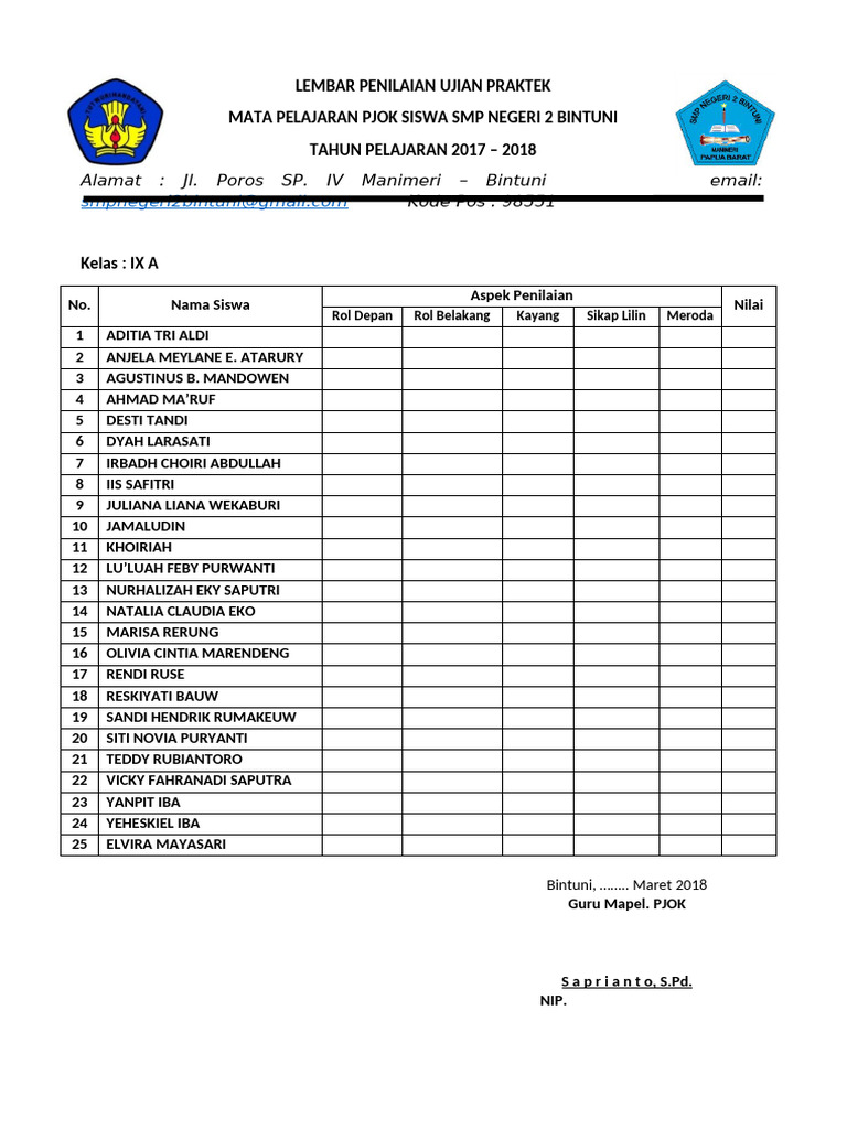 Lembar Penilaian Ujian Praktek Pjok | PDF