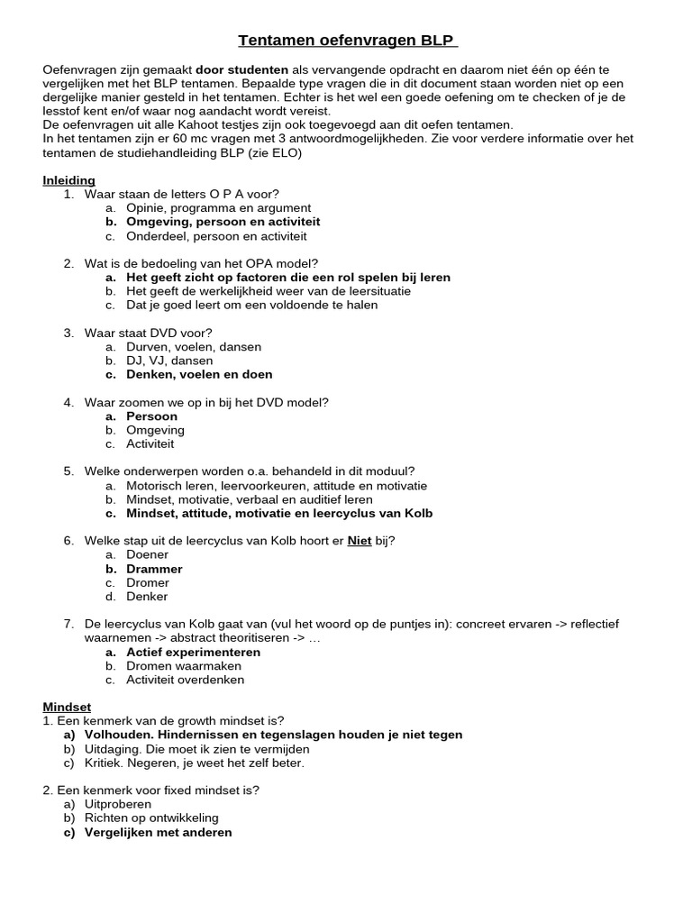 Oefenvragen ANTWOORDEN BLP | PDF