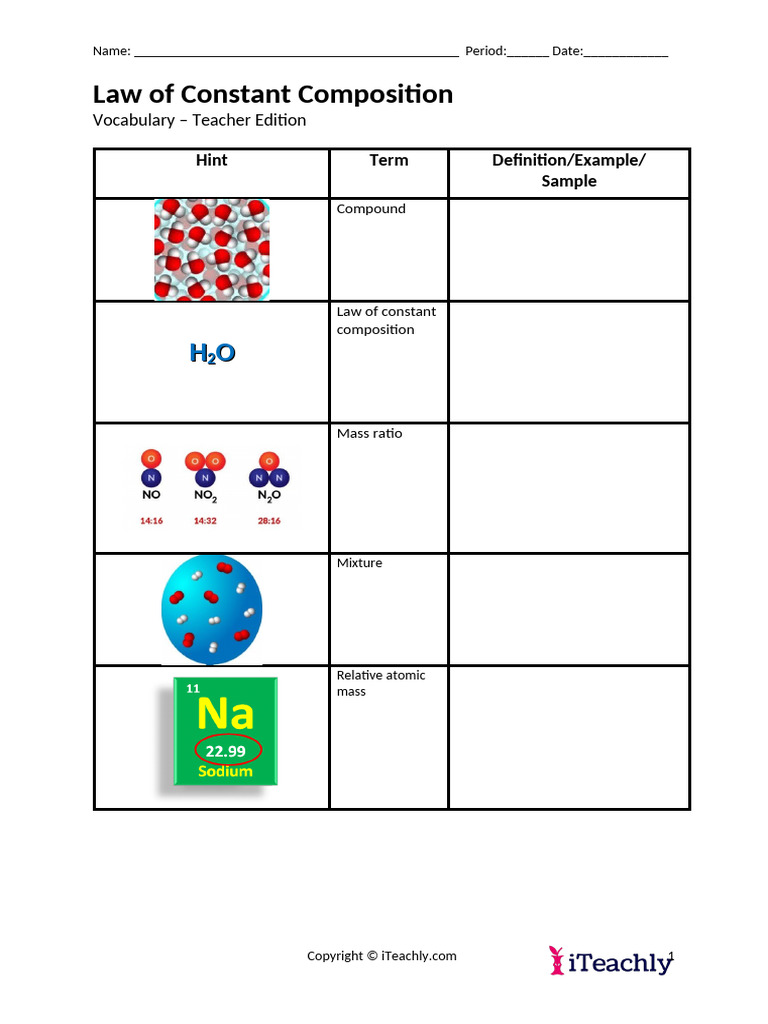 3 4 Vocabulary Worksheet TE Law of Constant Composition | PDF ...