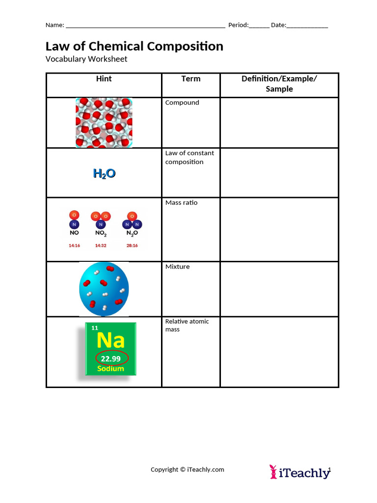 3 4 Vocabulary Worksheet SE Law of Constant Composition | PDF