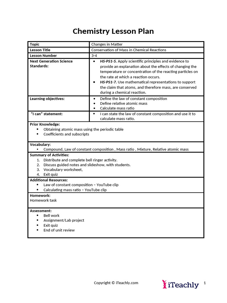 3 4a Lesson Plan Law of Constant Composition. | PDF