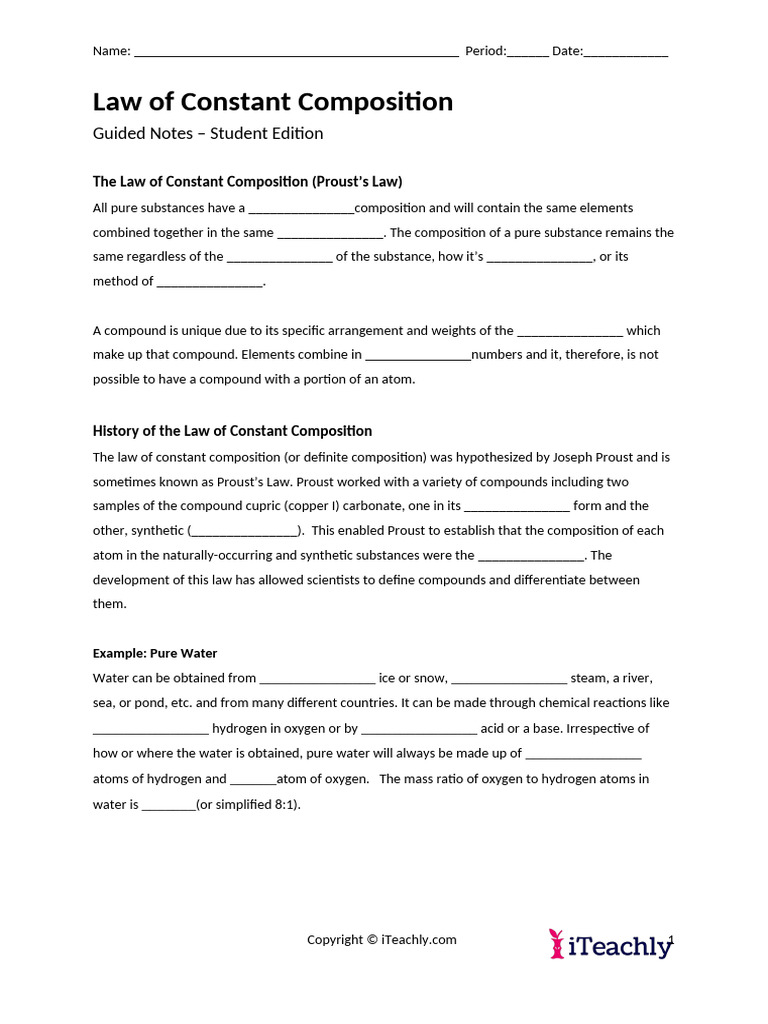 3 4 Guided Notes SE Law of Constant Composition | PDF | Chemical ...