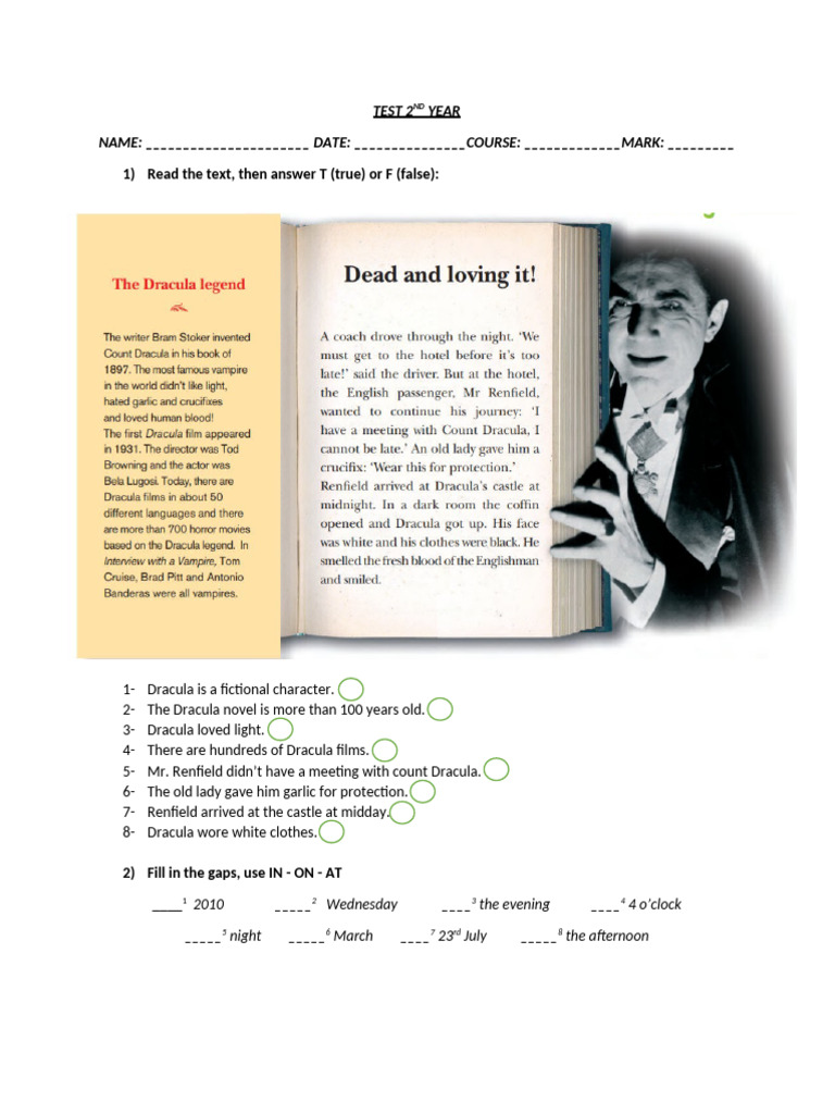 Dracula Reading Comprehension Test | PDF | Count Dracula