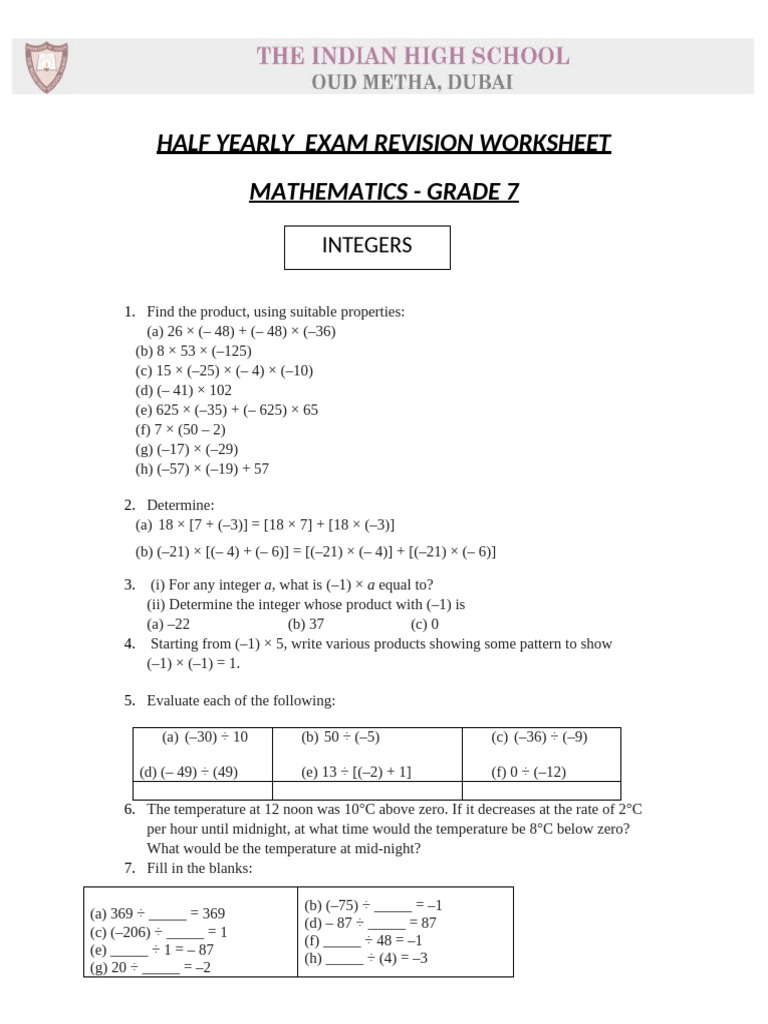 Revision Worksheet Gr7 - 2024-25 Final | PDF | Cakes | Exponentiation