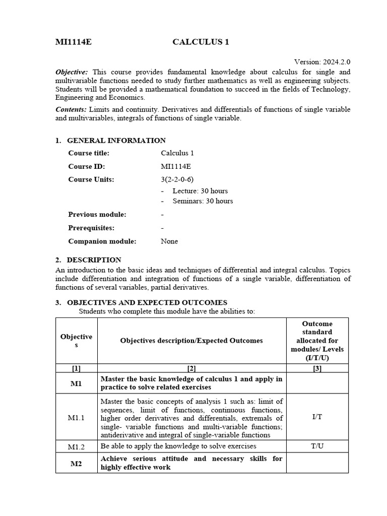 Calculus 1 Course Overview and Objectives | PDF | Integral | Function ...