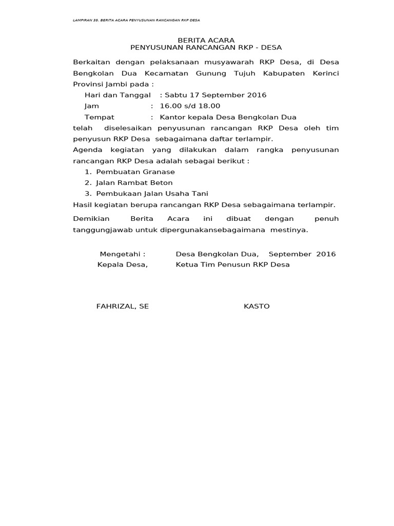 Lampiran 35. FORMAT BERITA ACARA PENYUSUNAN RANCANGAN RKP DESA | PDF