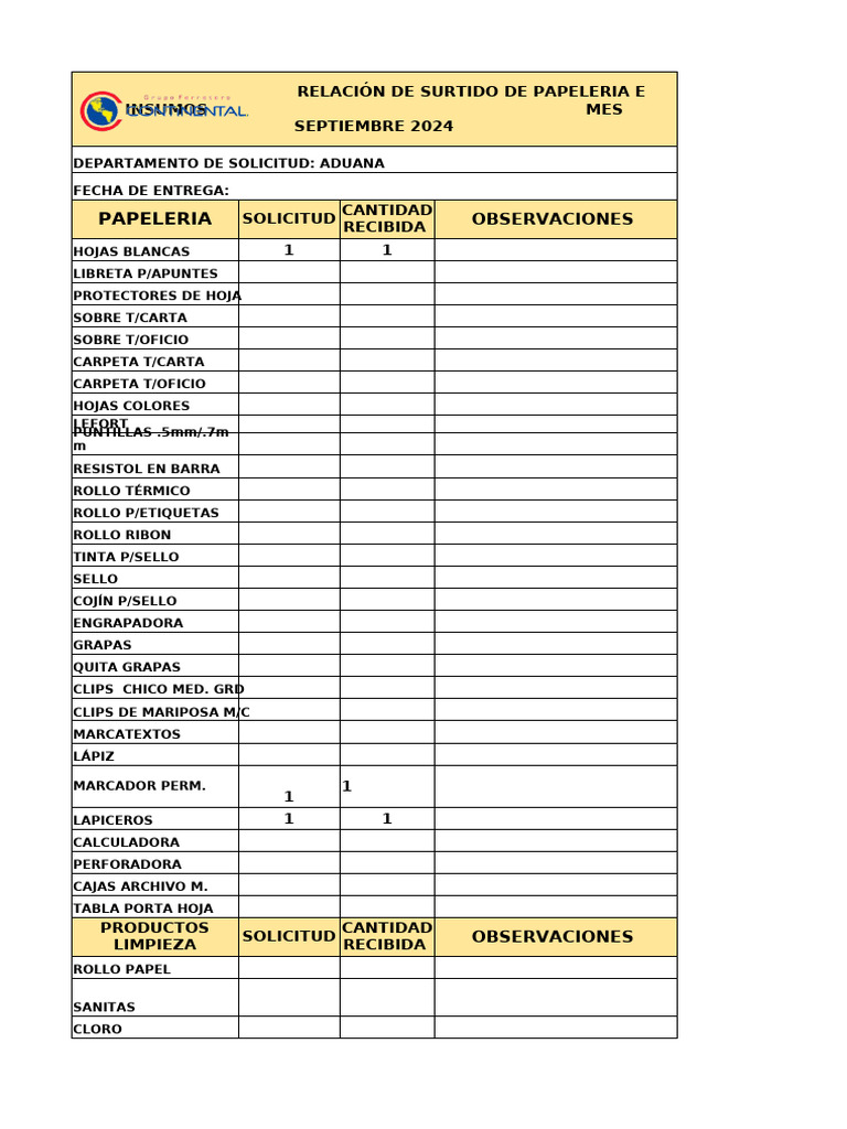 Formato Papeleria e Insumo Septiembre | PDF