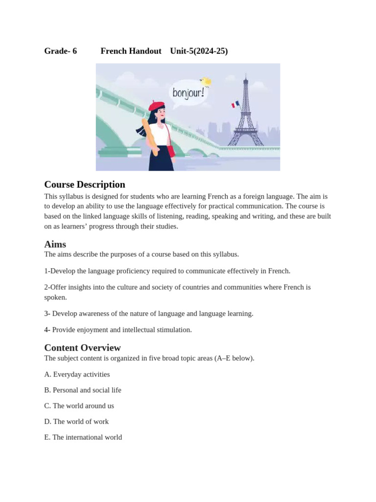 G 6 French Handout Unit 5 (2024 25) | PDF | Plural | Learning