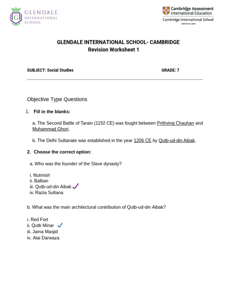 Grade 7 - SST-Revision WS1 - Key | PDF