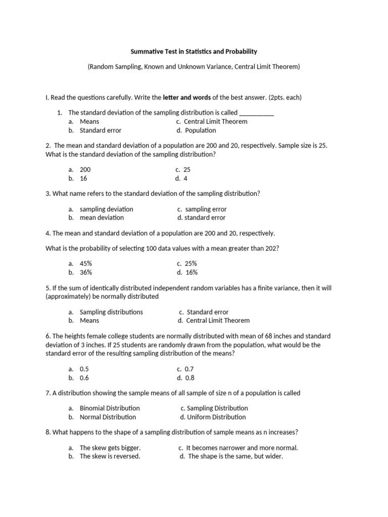 Summative Test (Sampling Distribution, Known and Unknown Variance, CLT ...