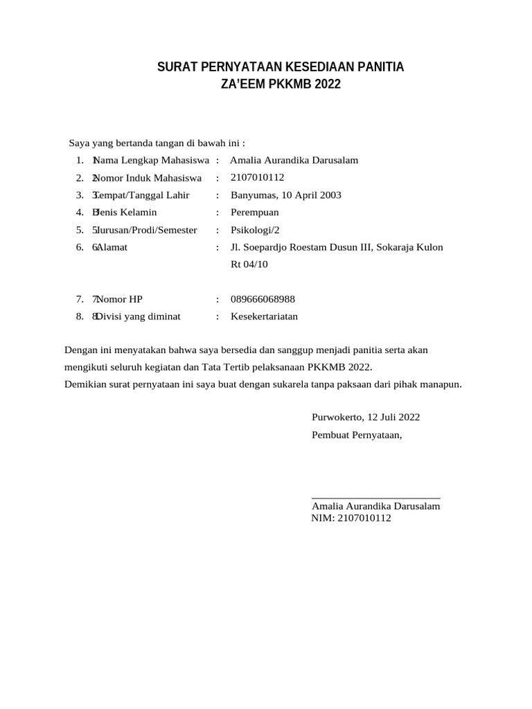 Surat Pernyataan Panitia Za'eem 2022 | PDF