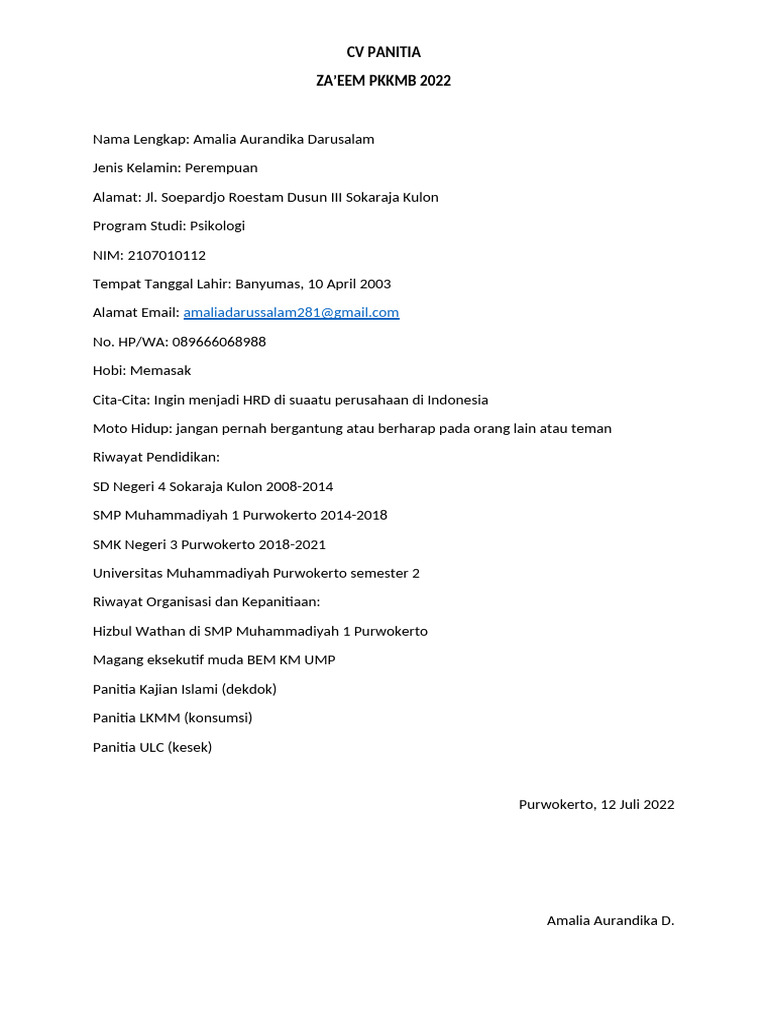 Amalia Aurandika Darusalam - CV Panitia ZA'EEM PKKMB | PDF