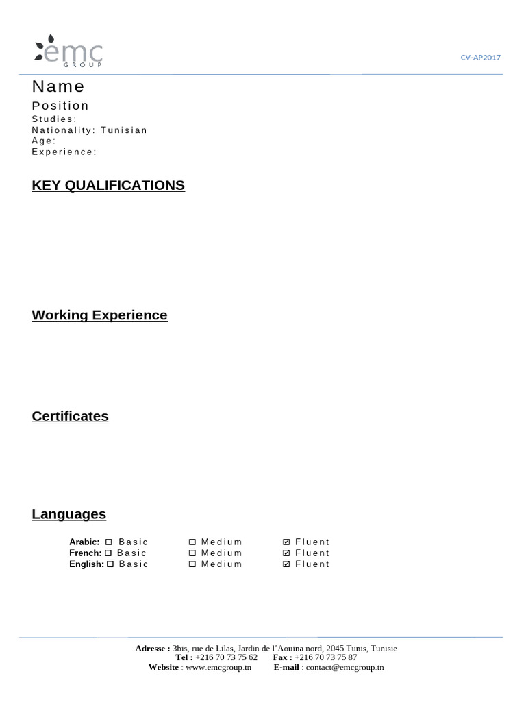 Tunisian CV with Language Proficiency | PDF