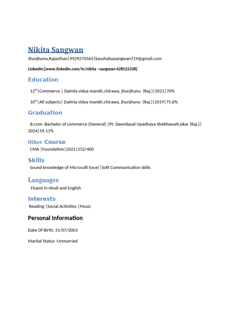 Nikita Sangwan CV | PDF