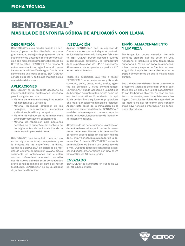 TDS Bentoseal Emea Es 201710 V3 | PDF | Hormigón | Materiales