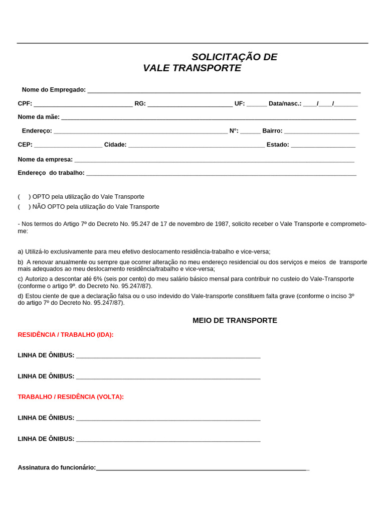 Solicitação de Vale Transporte Empresa | PDF