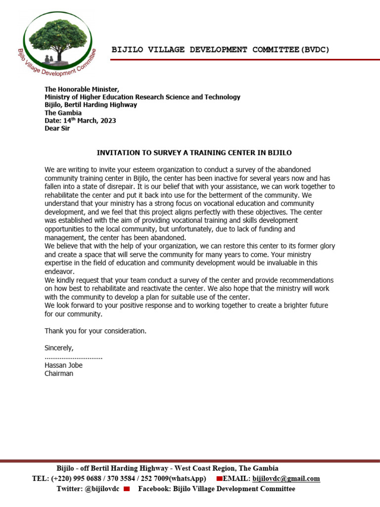 Survey Invitation for Bijilo Training Center | PDF