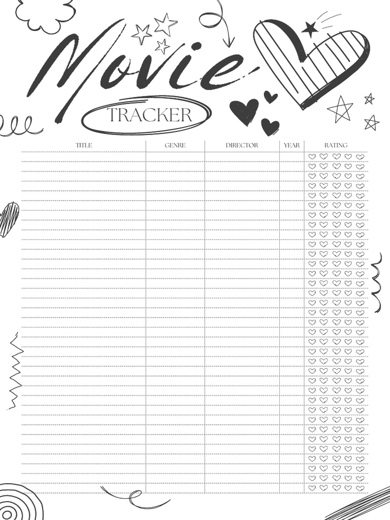 Black and White Cheerful Doodle Illustration Movie Tracker Planner ...