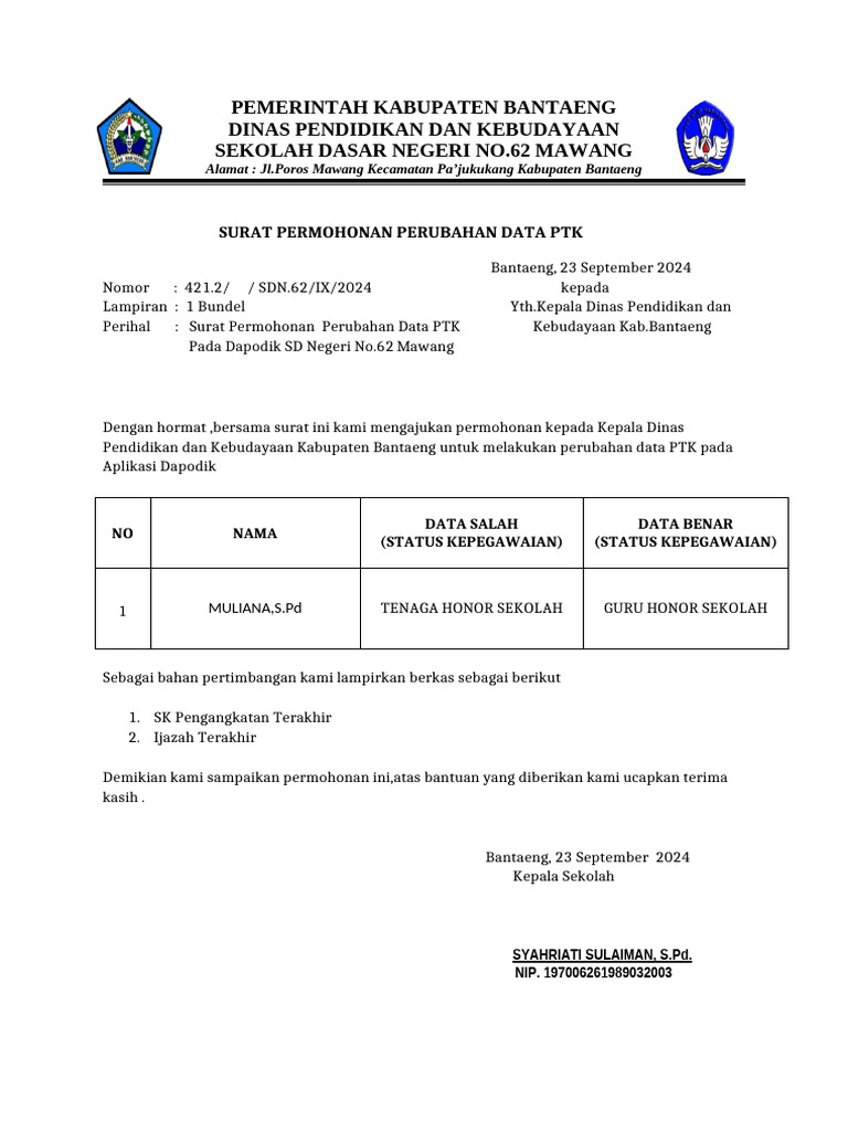 Permohonan Perubahan Data PTK Hasriani-1 | PDF